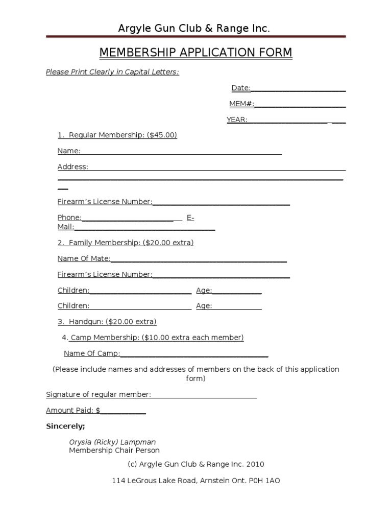 Argyle Gun Club Membership Form | PDF | Politics And Sports | United ...