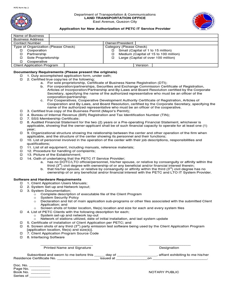 Application For New Authorization of PETC IT Service Provider | PDF | Installation (Computer ...