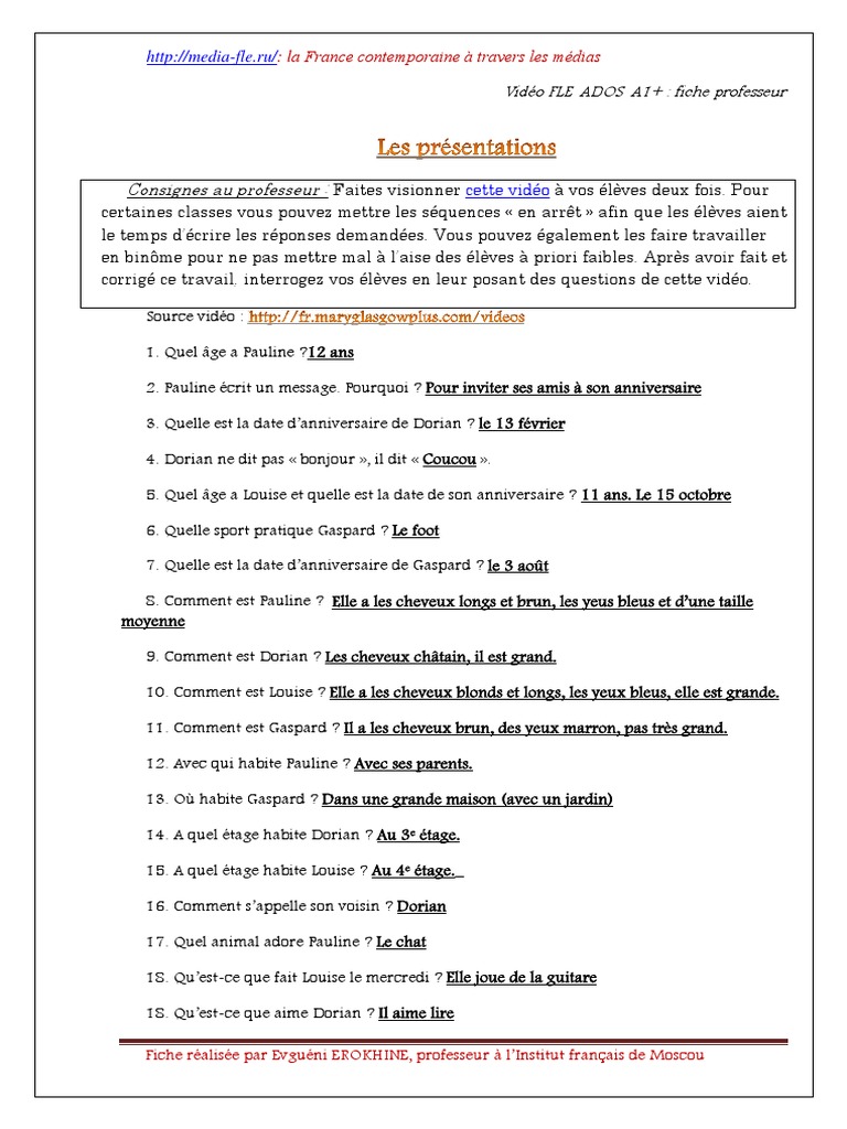 Les - Présentations - Corrigés (Fiche - FLE - ADOS - A1+) | PDF