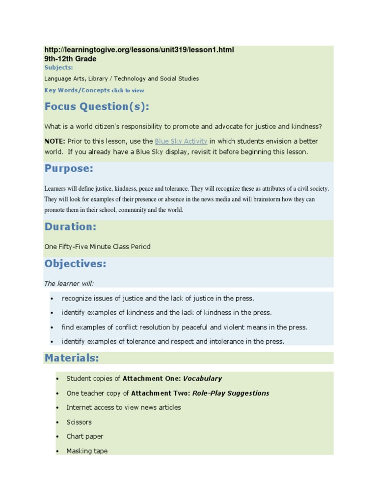 Promoting Justice and Kindness in Class | PDF | Vocabulary | Peace