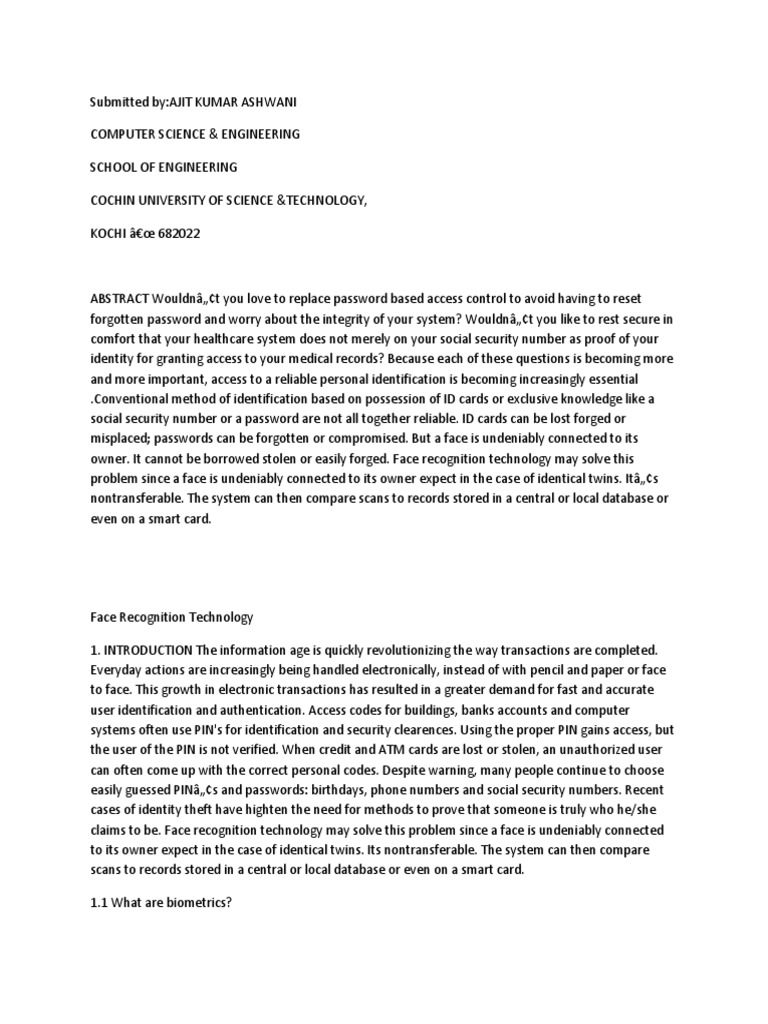 Face Recognition: Biometric Security | PDF | Biometrics | Identity Document