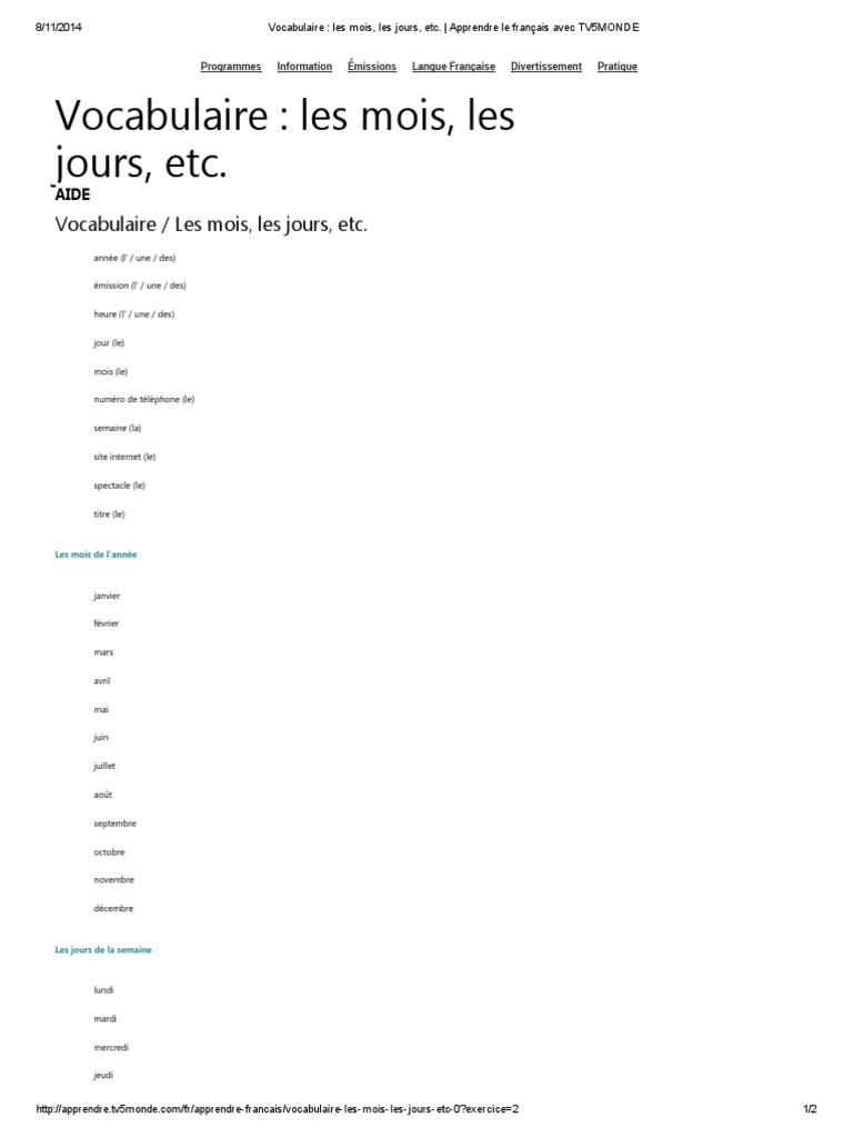 Vocabulaire - Les Mois, Les Jours, Etc | PDF