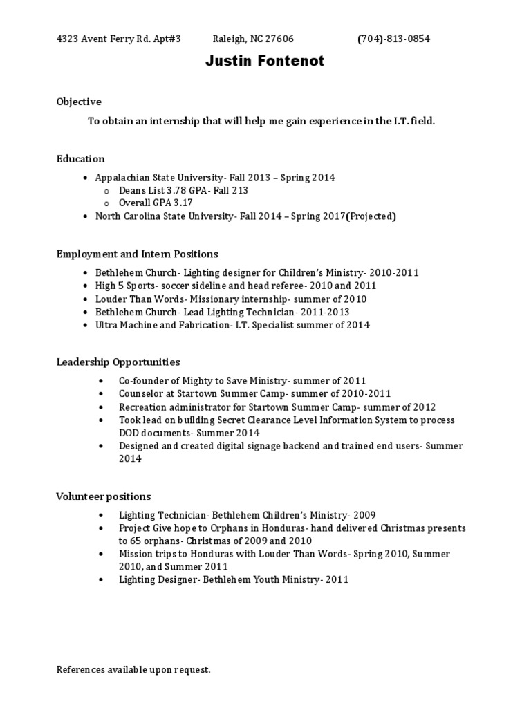 Internship Objective: Justin Fontenot | PDF | Career & Growth