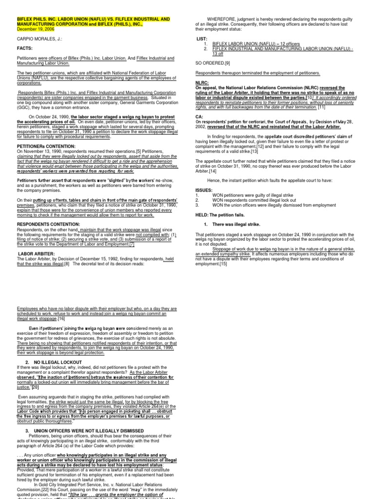 Biflex Phils Union vs. Filflex | PDF | Strike Action | Lockout (Industry)