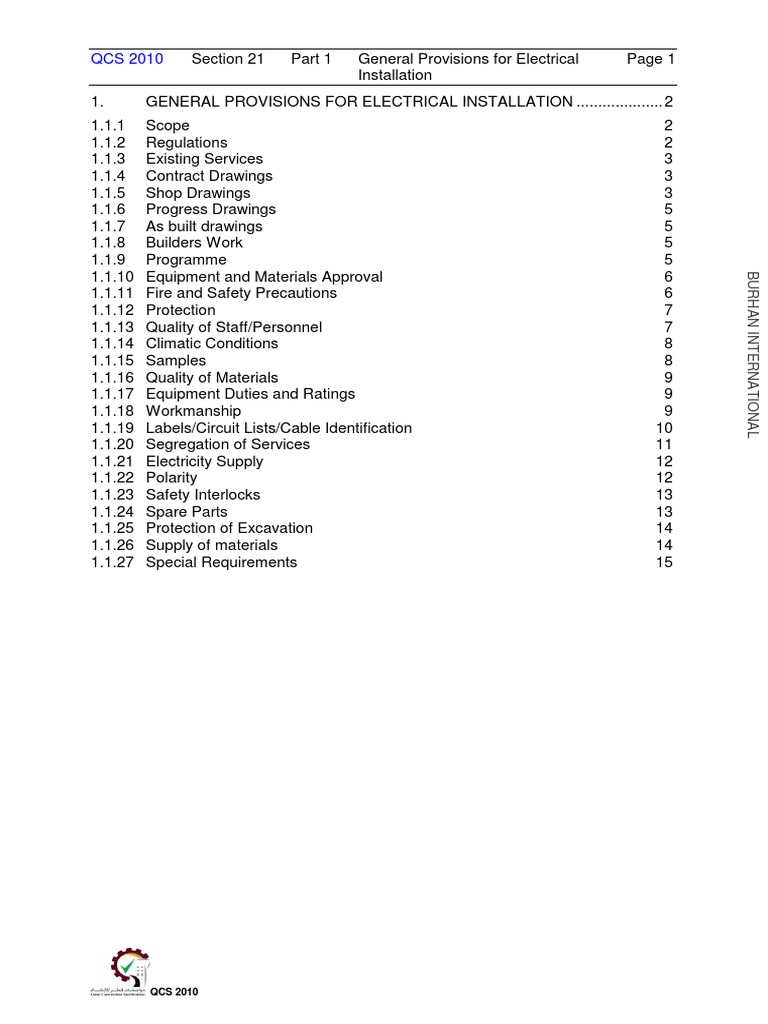 QCS 2010 Part 21.01 General Provisions For Electrical Installation ...