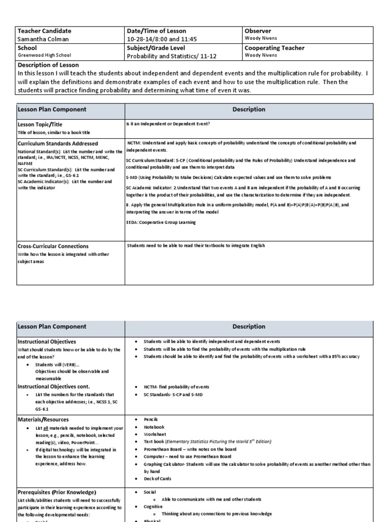 Independent and Dependent Event Lesson Plan | PDF | Probability ...