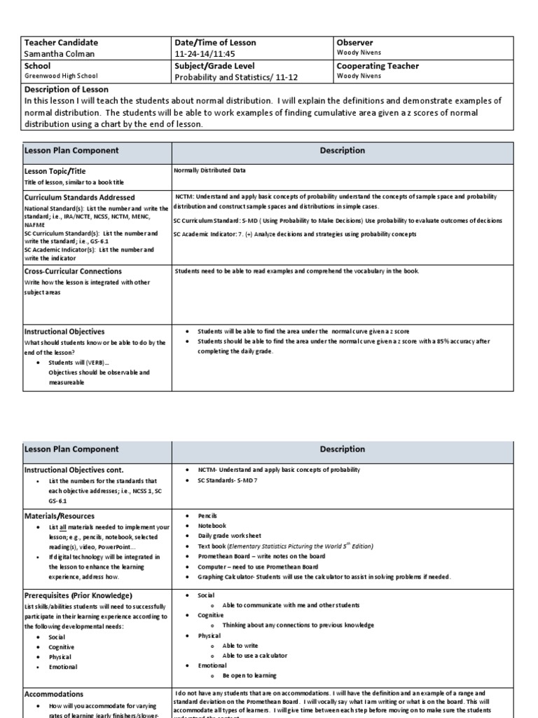 Normal Distribution Lesson Plan | PDF | Lesson Plan | Probability ...