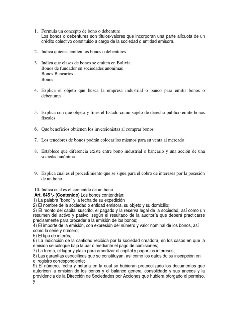 Cuestionario de Bono o Debenture | PDF | Bancos | Economias