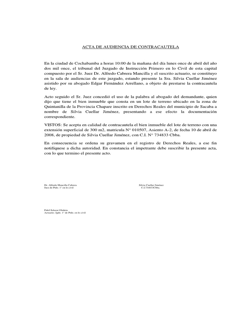 Acta de Contracautela | PDF | Instituciones sociales | Ciencias sociales