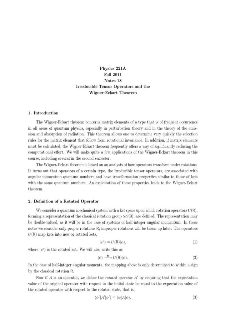 18 - Irreducible Tensor Operators and The Wigner-Eckart Theorem PDF | PDF | Euclidean Vector ...