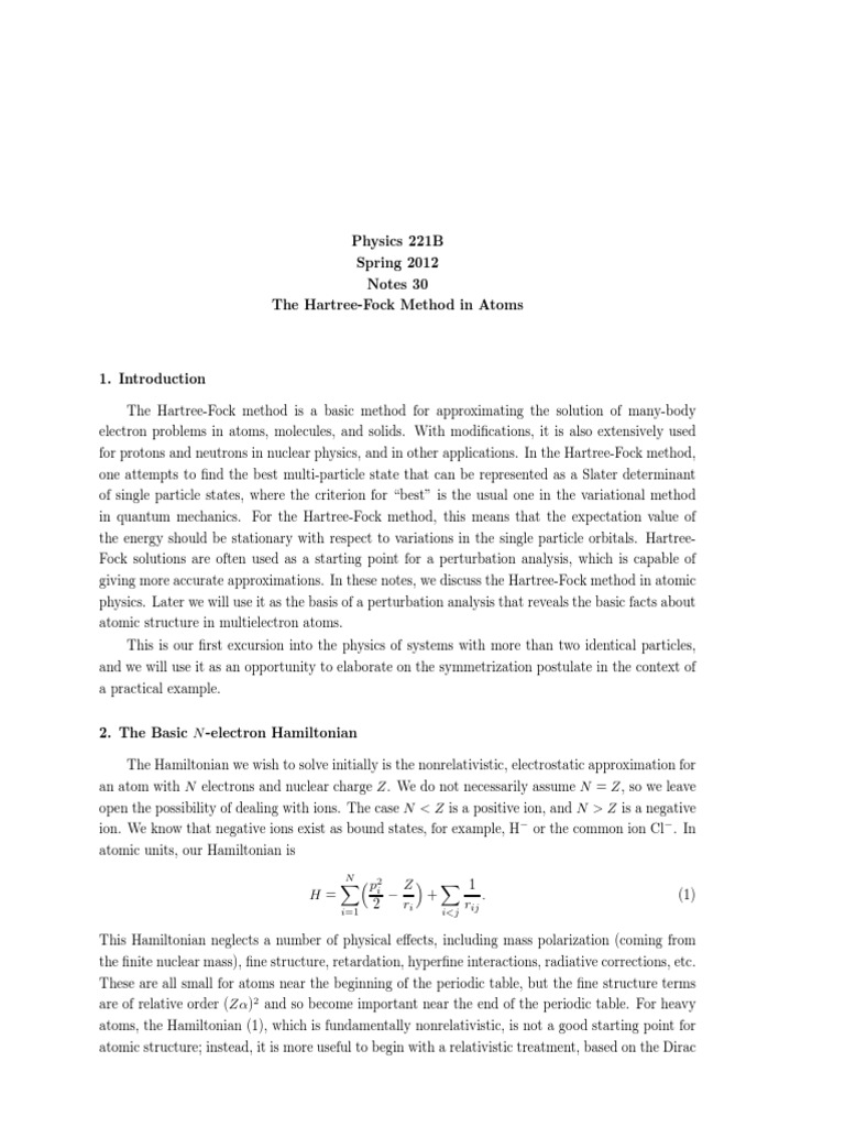 30 - The Hartree-Fock Method in Atoms PDF | PDF | Hartree–Fock Method | Wave Function