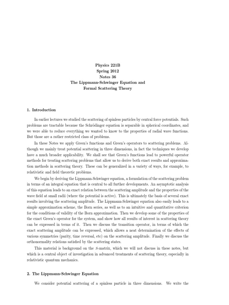 Lippmann-Schwinger Equation Overview | PDF | Green's Function ...