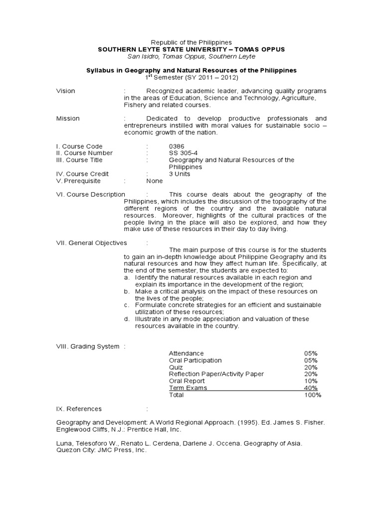 Course Outline in Philippine Geography (2011) | PDF | Luzon | Philippines