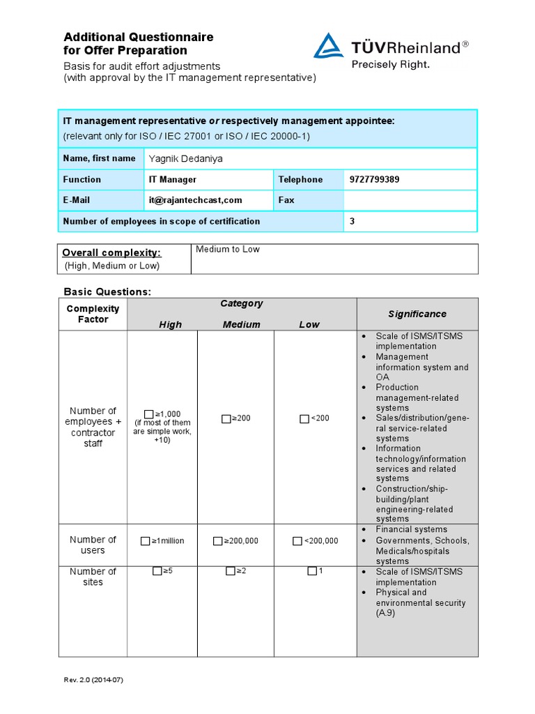 Additional Questionnaire For Offer Preparation | PDF | Regulatory ...