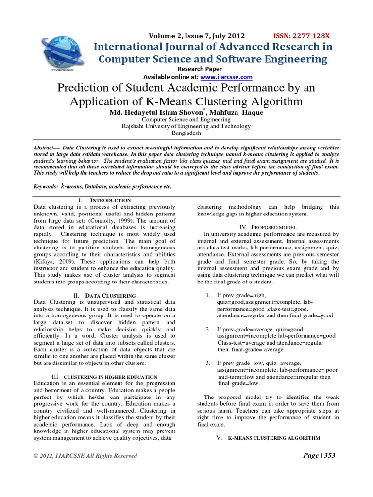 Prediction of Student Academic Performance by An Application of K-Means Clustering Algorithm ...