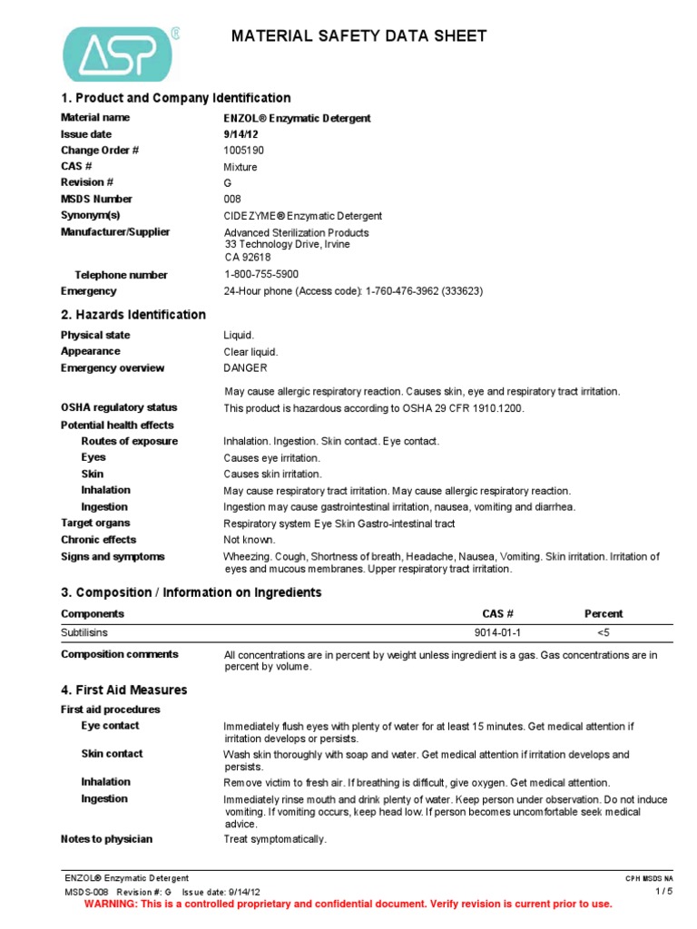 Ci̇dezyme MSDS PDF | Dangerous Goods | Personal Protective Equipment