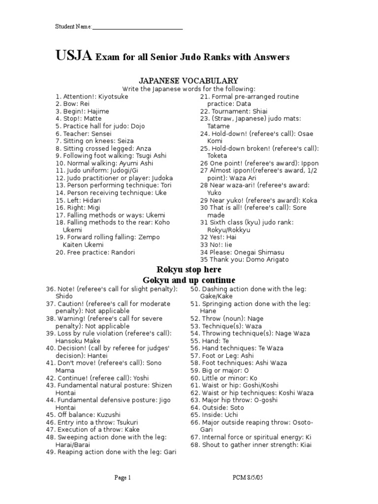 Usja Exam For All Senior Judo Ranks With Answers | PDF | Judo | Combat
