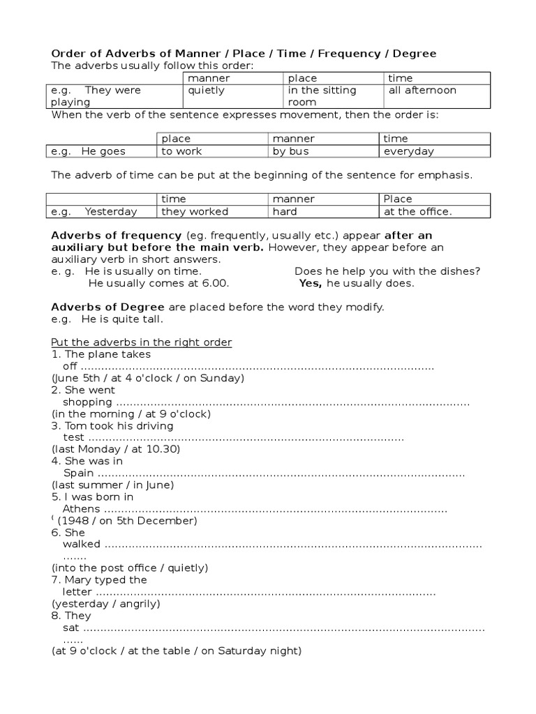 Adverbs of Time, Place, Degree | PDF | Ellipsis | Adverb