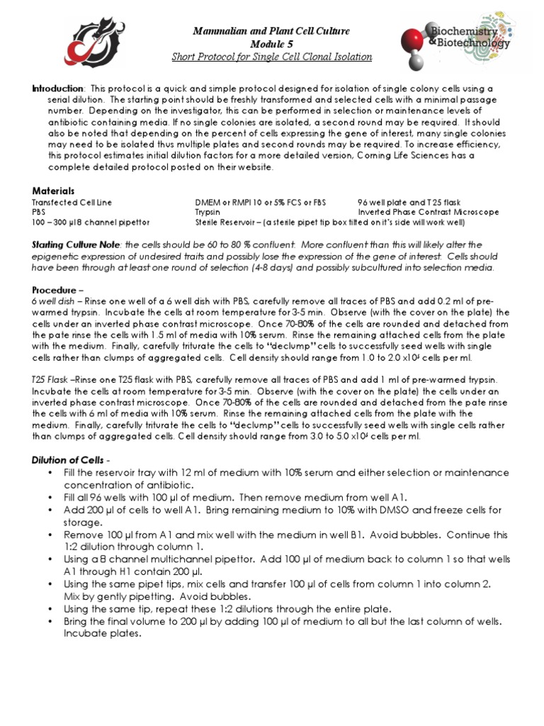 Short Protocol For Single Cell Clonal Isolation PDF | PDF