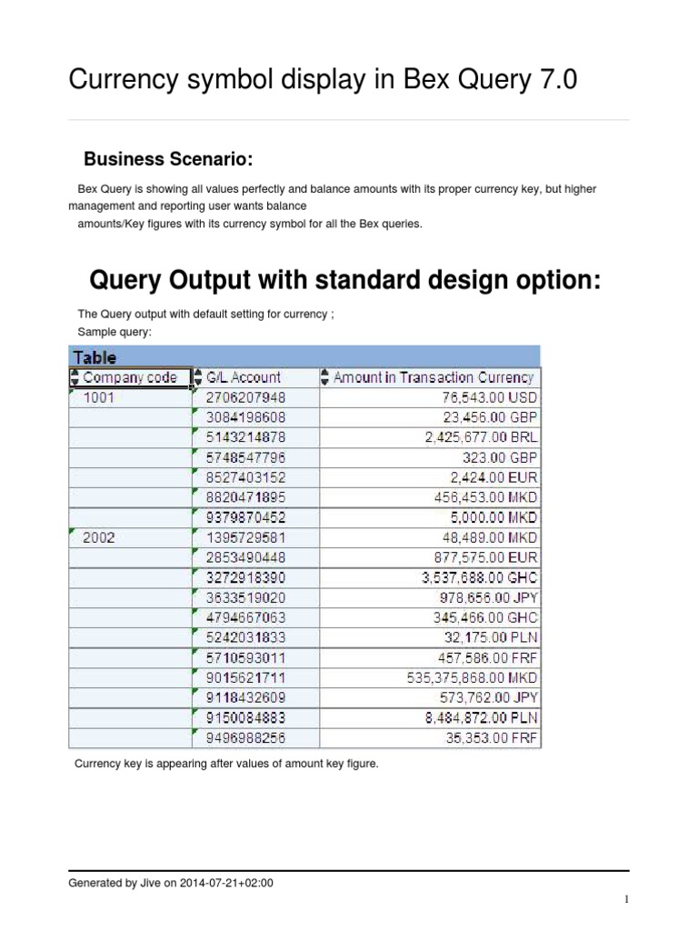 Currency Eur Nodim Symbol Display in Bex Query 7.0 | PDF | Euro | Areas ...