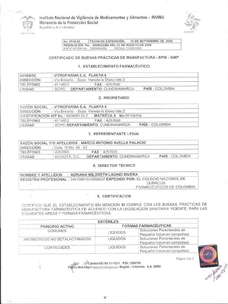 Vitalis Certificado BPM Planta 8 PDF | PDF