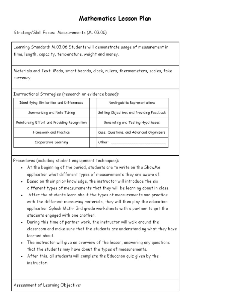 3rd Grade Measurement Lesson Plan | PDF