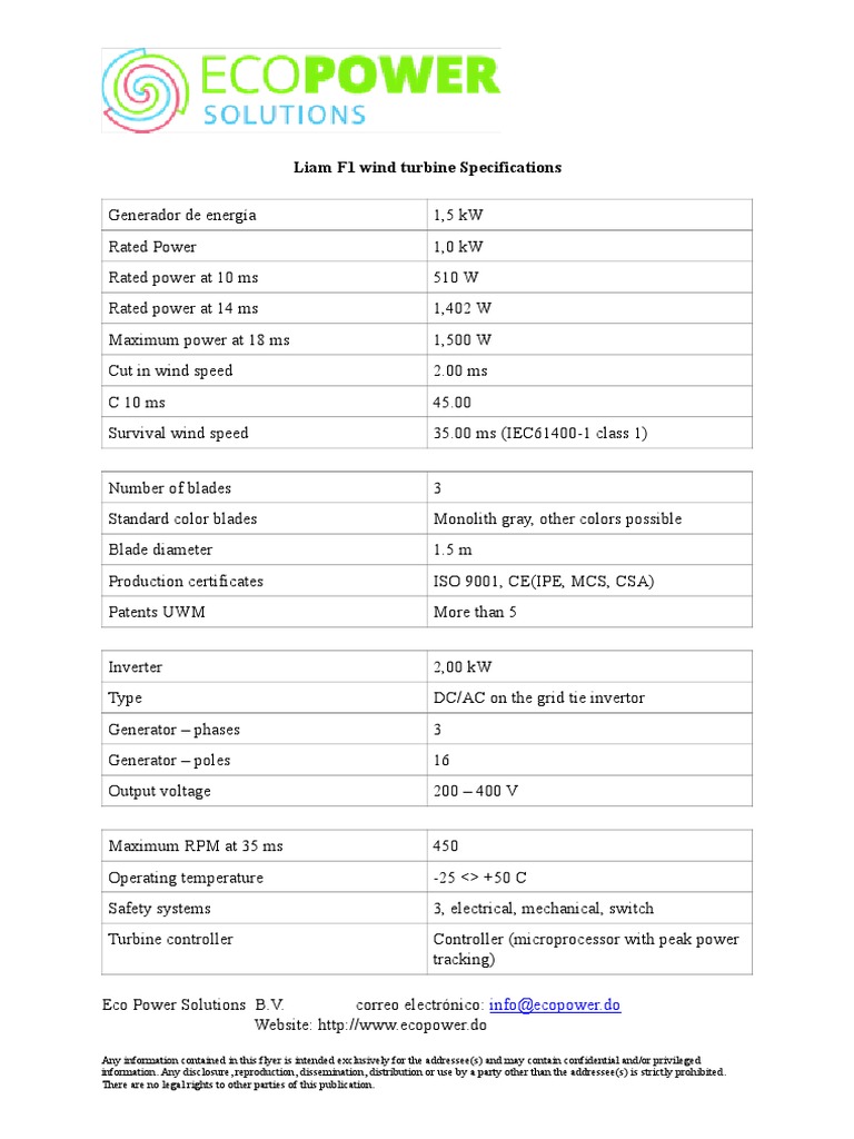 Liam F1 Wind Turbine Specifications: Info@ecopower - Do | PDF | Power ...