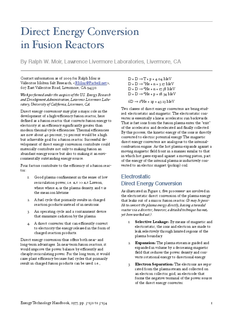 Direct Energy Conversion in Fusion Reactors | PDF | Fusion Power | Plasma (Physics)