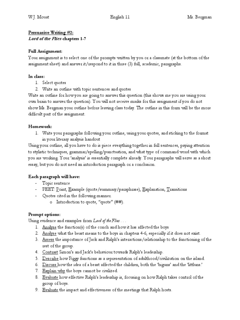 Persuasive Writing on Lord of the Flies | PDF | Career & Growth ...