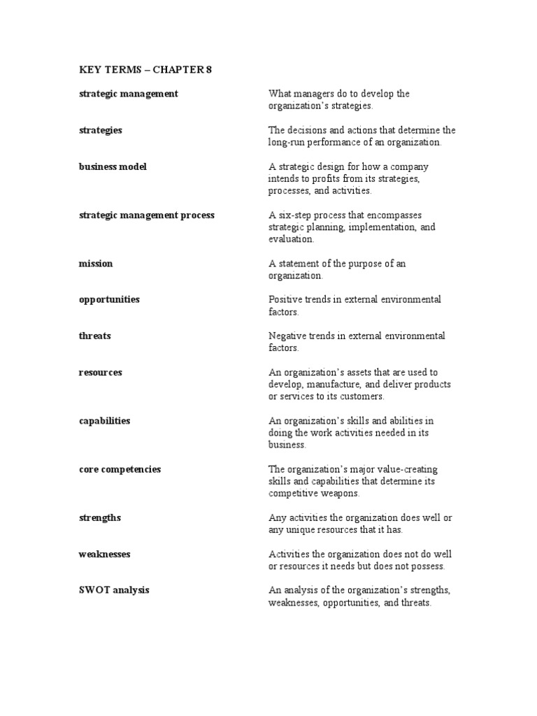 KEY TERMS - CHAPTER 8 Strategic Management | PDF | Competitive ...