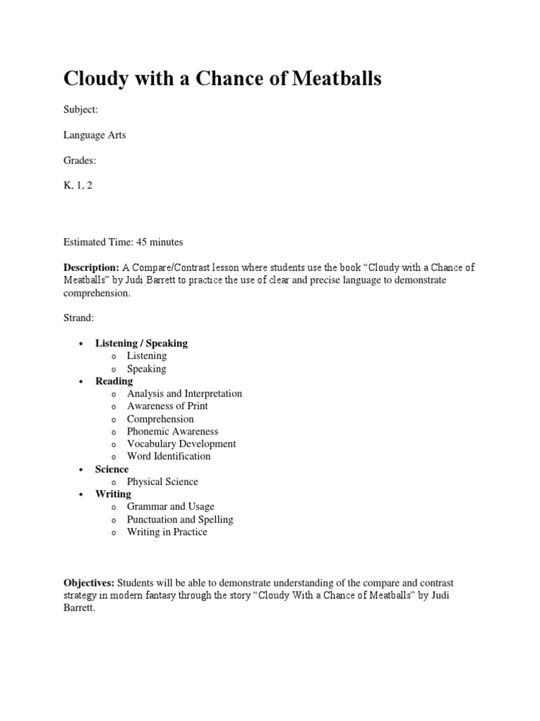 Cloudy With A Chance of Meatballs | Download Free PDF | Reading ...