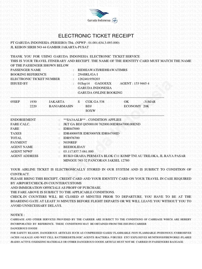 Garuda Indonesia: Electronic Ticket Receipt | PDF | Common Carrier ...