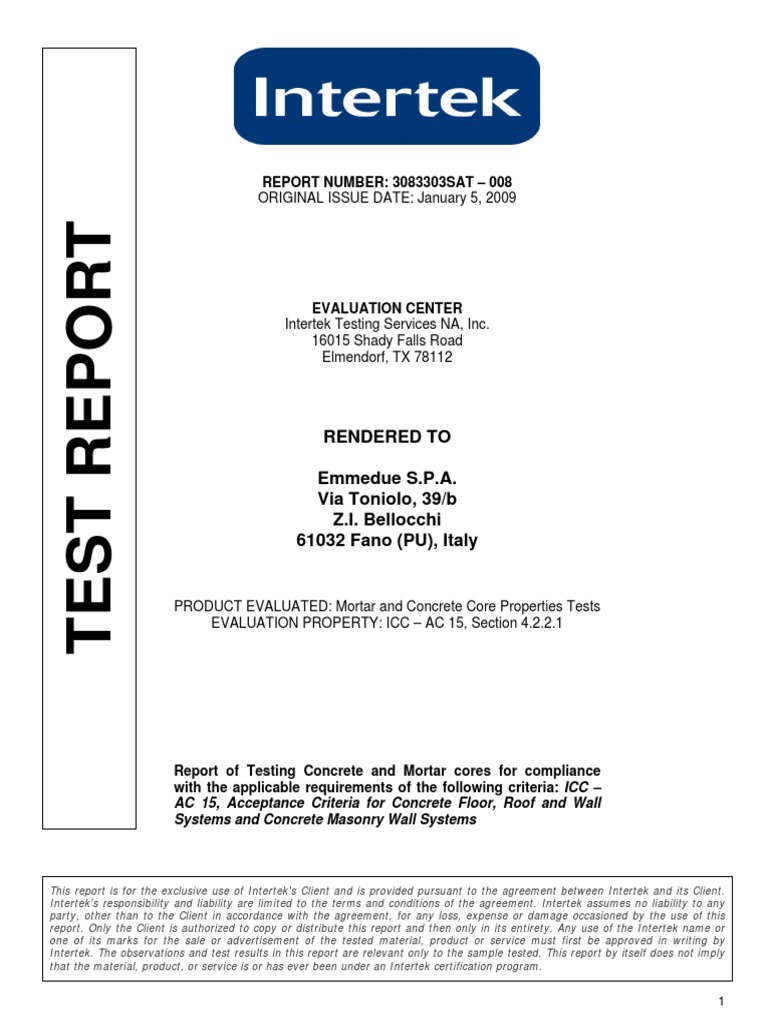 INTERTEK Mortar and Concrete Properties Test Report Final | PDF ...