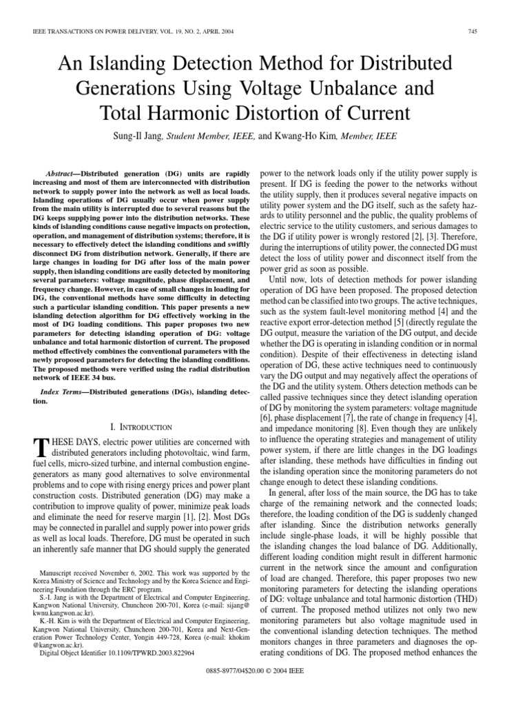 An Islanding Detection Method For Distributed Generations Using Voltage Unbalance and Total ...