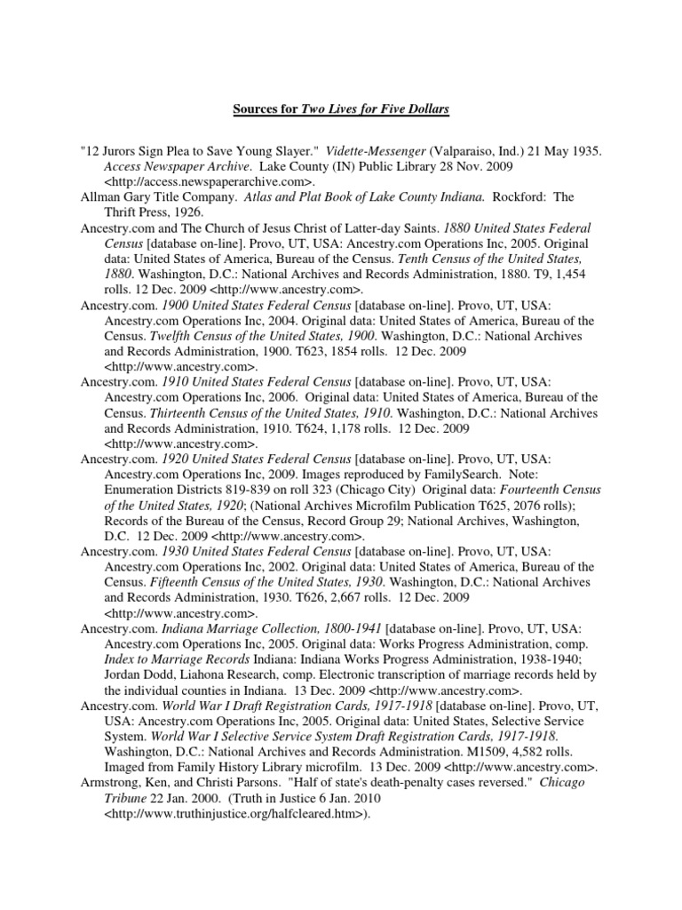 Sources For "Two Lives For Five Dollars" | PDF | Violence