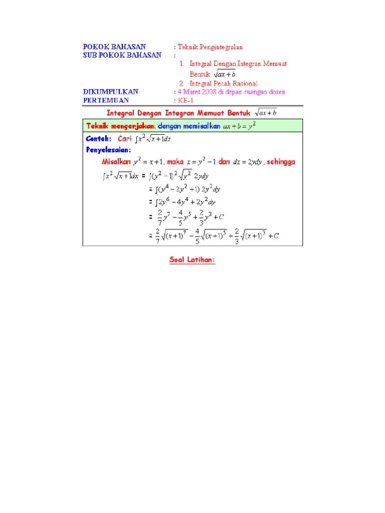 Integral Pecahan dan Contoh Soalnya | PDF