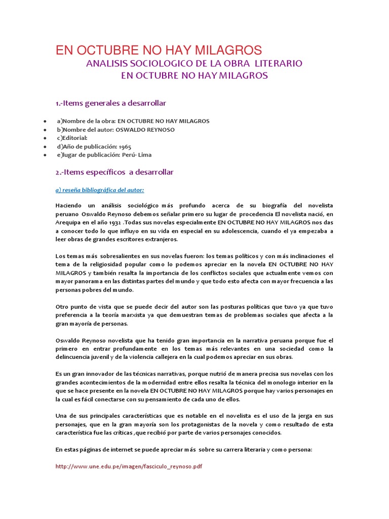 Análisis de "En octubre no hay milagros" | PDF | Novelas | Lima
