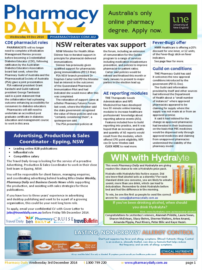 Pharmacy Daily For Wed 03 Dec 2014 - NSW Reiterates Vax Support, CDE ...