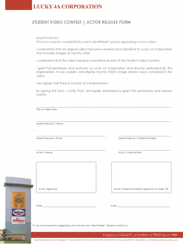 Student Video Contest Actor Release Form | PDF | Business | Finance ...
