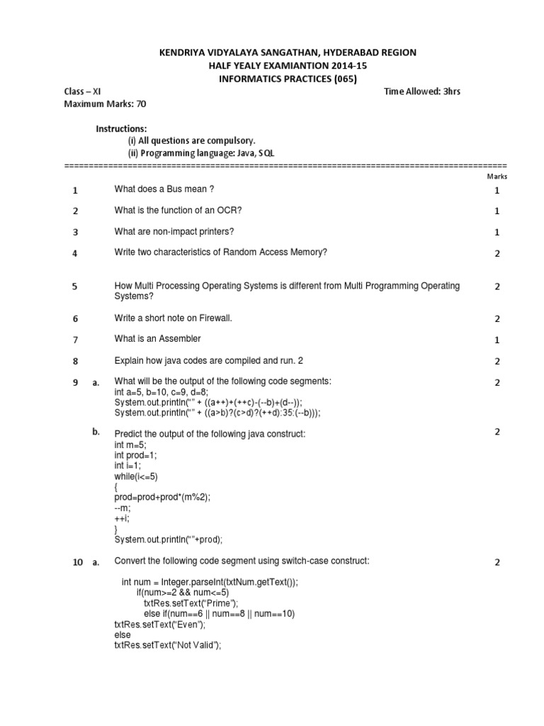 Informatics Practices Class XI Half Yearly Exam Paper 2014 QuestionPaper Set 2 | PDF | Computer ...