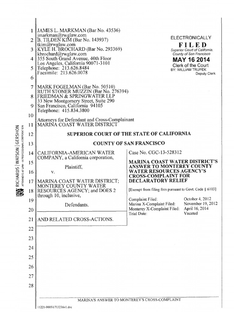 Mcwd's Answer To Mcwra's Cross-Complaint Cgc-13-528312 05-16-14 | PDF ...