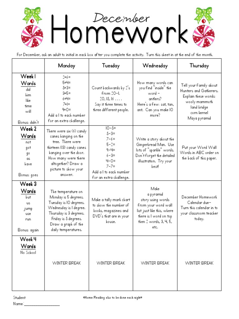 December Homework Calendar Activities | PDF