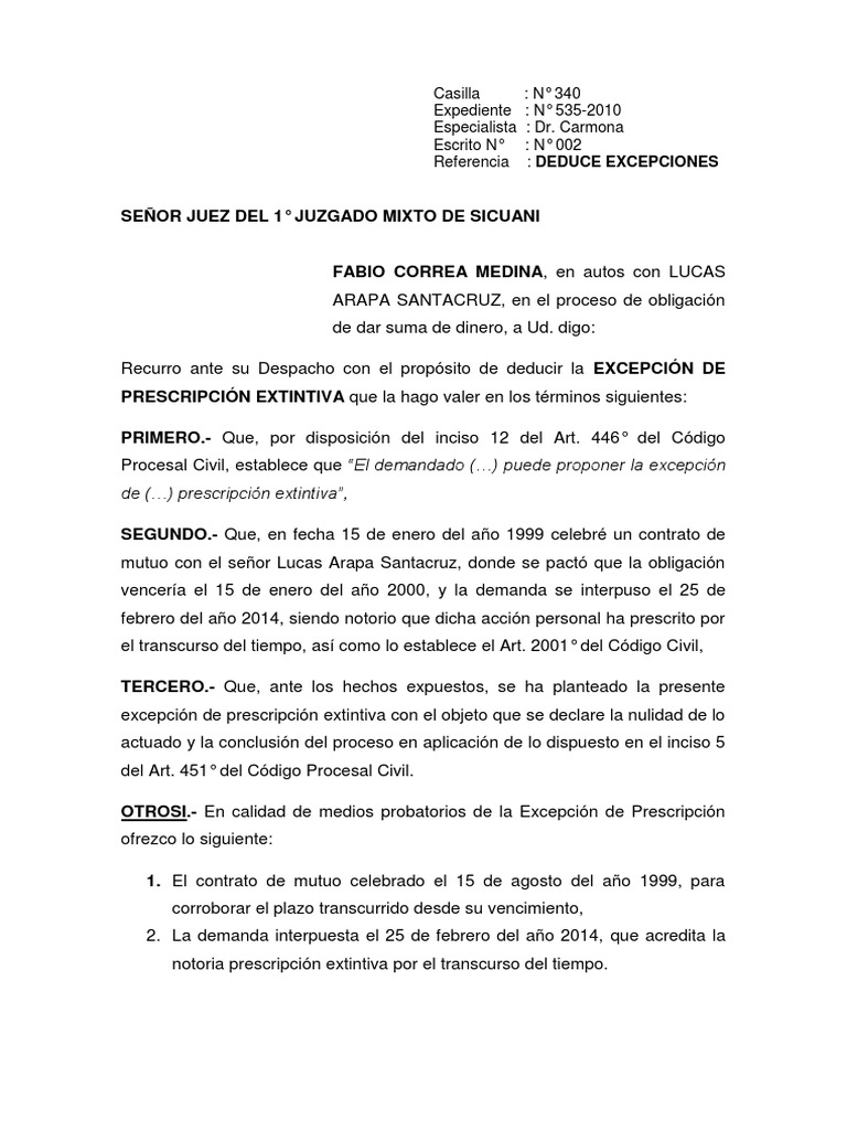 Demanda de Excepciones | PDF | Estatuto de limitaciones | Demanda judicial