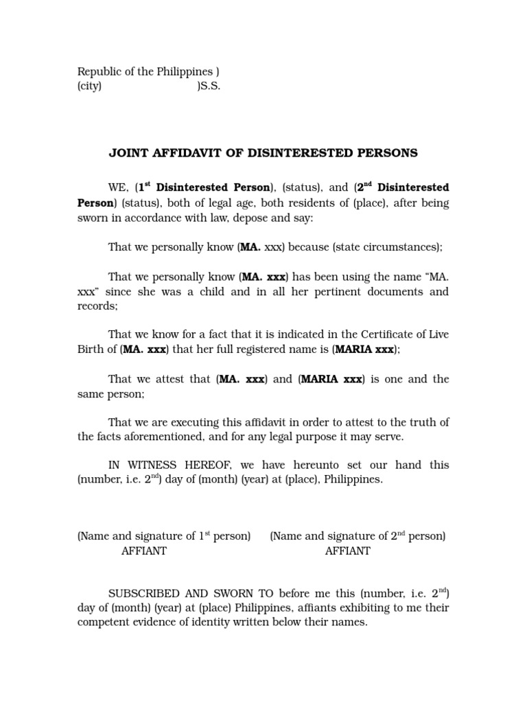 Joint Affidavit of Disinterested Persons | PDF