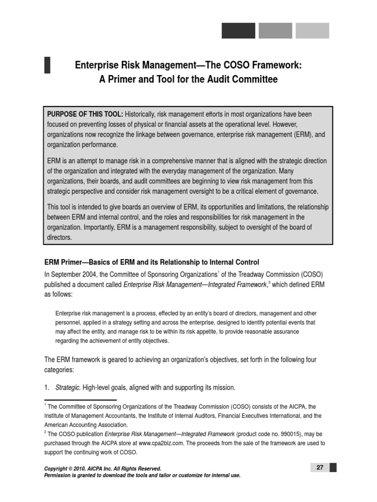 Enterprise Risk Management-The COSO Framework: A Primer and Tool For ...