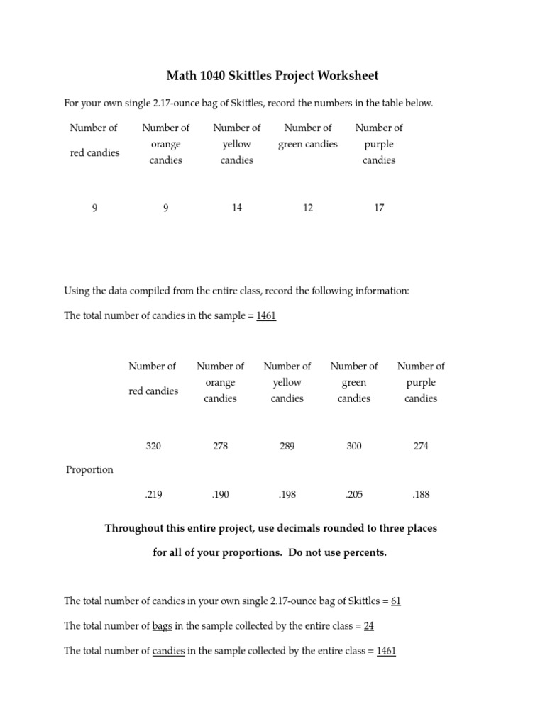 Skittles Project Data Analysis Worksheet | PDF