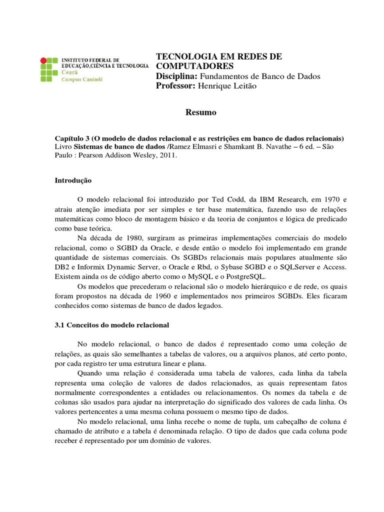 Resumo Cap.3 Livro Sistemas - Banco.de - Dados | PDF | Modelo relacional | Base de dados relacional