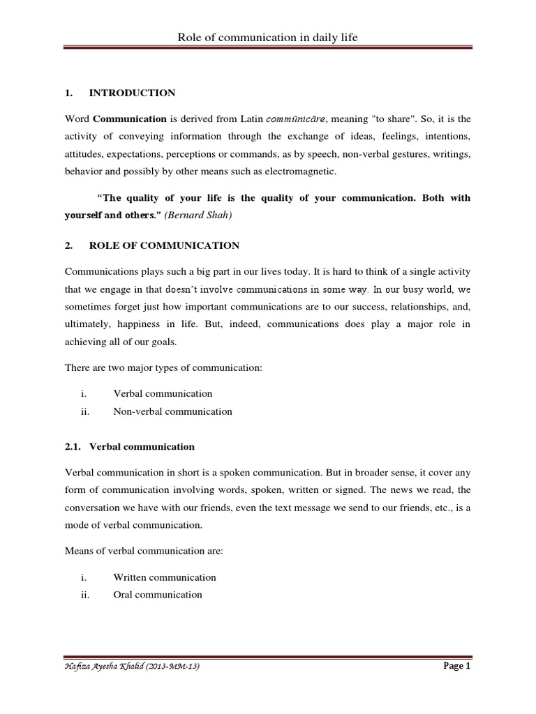 Role of Communication in Daily Life: Hafiza Ayesha Khalid (2013-MM-13 ...