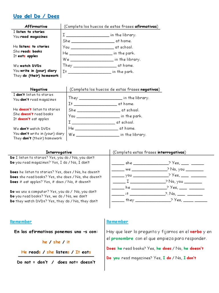 Uso de Do/Does en Inglés: Ejercicios | PDF | Language Arts & Discipline ...