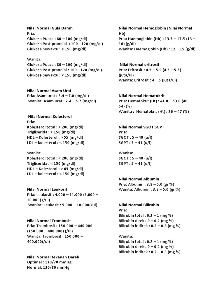Nilai Normal Kesehatan Pria dan Wanita | PDF | Memasak, Makanan, & Anggur